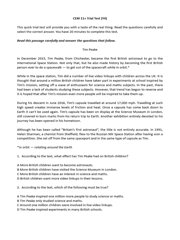 CEM 11+ Y4 Trial Test: Tim Peake Passage | PDF | Space Capsule | Human ...