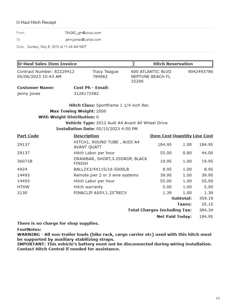 U-Haul Hitch Receipt Invoice | PDF | Motor Vehicle | Vehicles