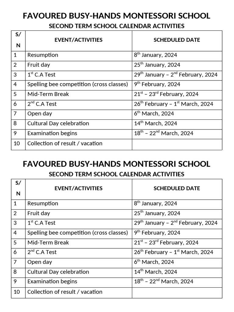2nd Term Calendar | PDF