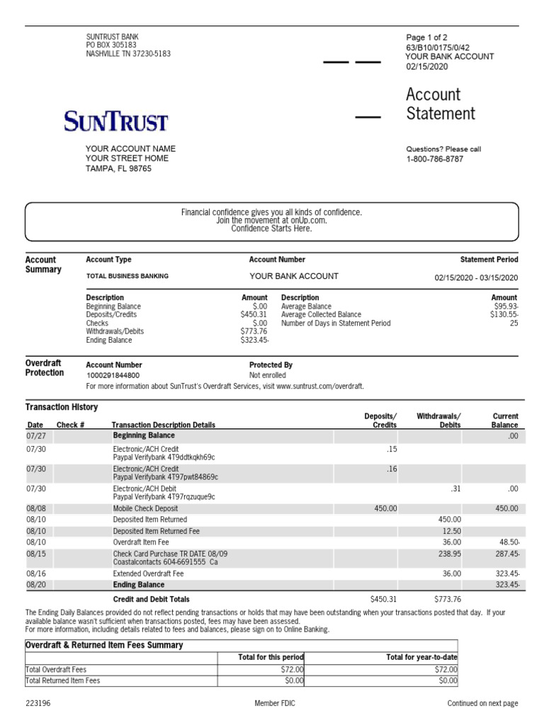 Suntrust Bank Statement Editable Template | PDF | Overdraft | Banks