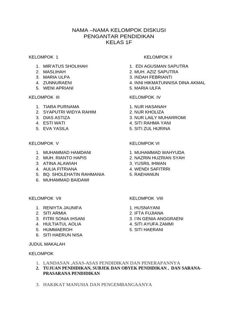Daftar Nama Kelompok Diskusi Pendidikan | PDF