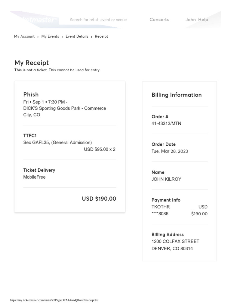 Ticketmaster Receipt Template | PDF