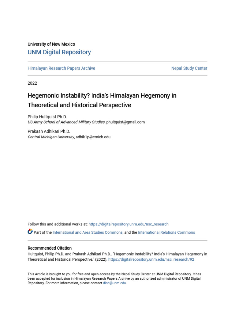 Hegemonic Instability - India - S Himalayan Hegemony in Theoretical ...