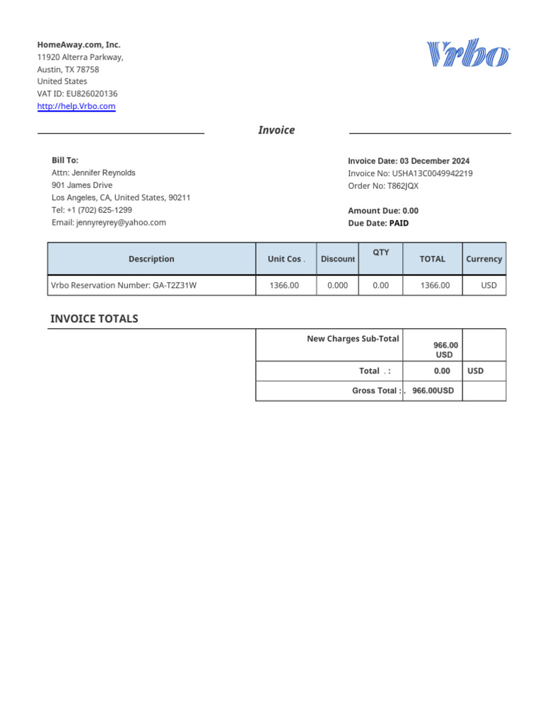 Vrbo Invoice for Jennifer Reynolds | PDF