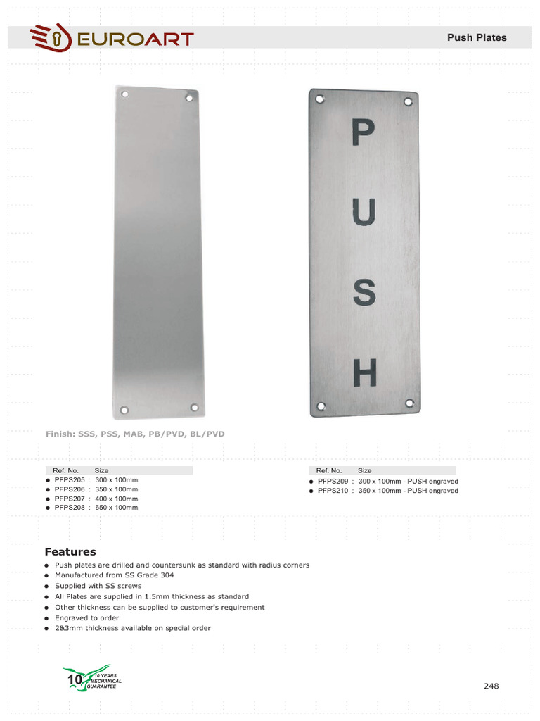 Push Plate Sizes and Specifications | PDF
