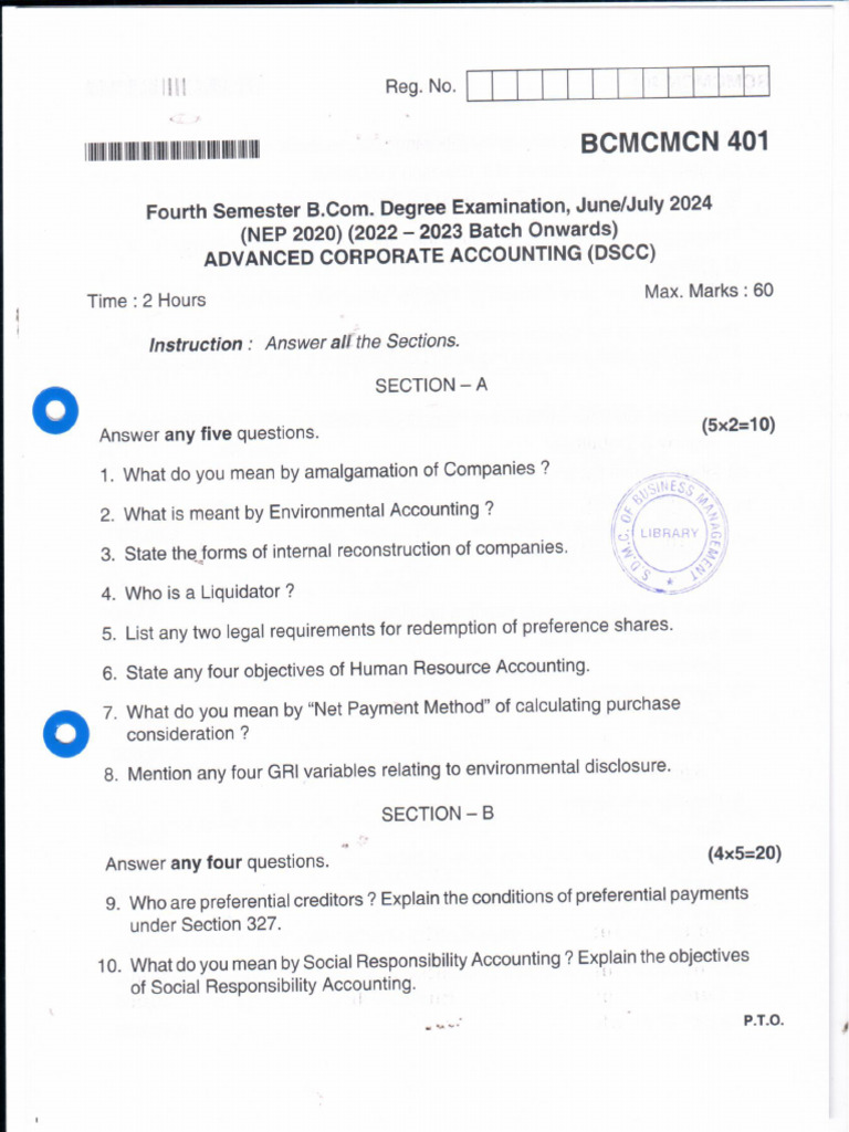 BCOM IV Semester Advanced Corporate Accounting July 2024 | PDF