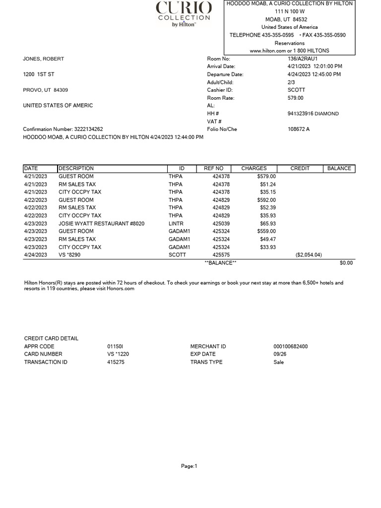 Curio by Hilton Hotel Invoice Guest Folio Template | PDF | Business ...