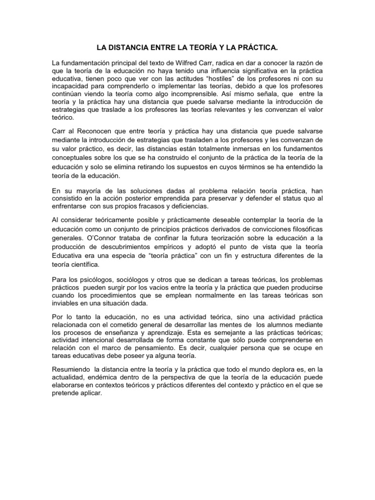 LA DISTANCIA ENTRE LA TEORÍA Y LA PRÁCTICA WILFRED CARR JCB | PDF