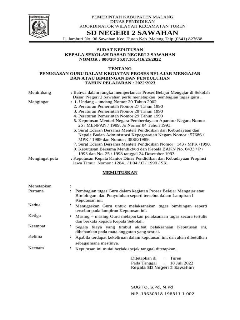 SK Pembagian Tugas Mengajar 2022-2023 | PDF