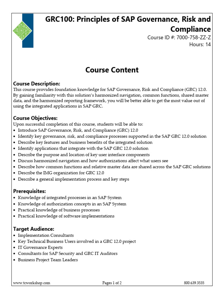 GRC100 Principles of SAP Governance Risk and Compliance | PDF ...