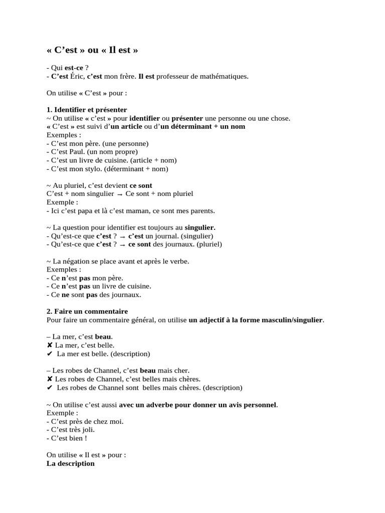 Utilisation de "C'est" et "Il est" | PDF | Nombre grammatical ...