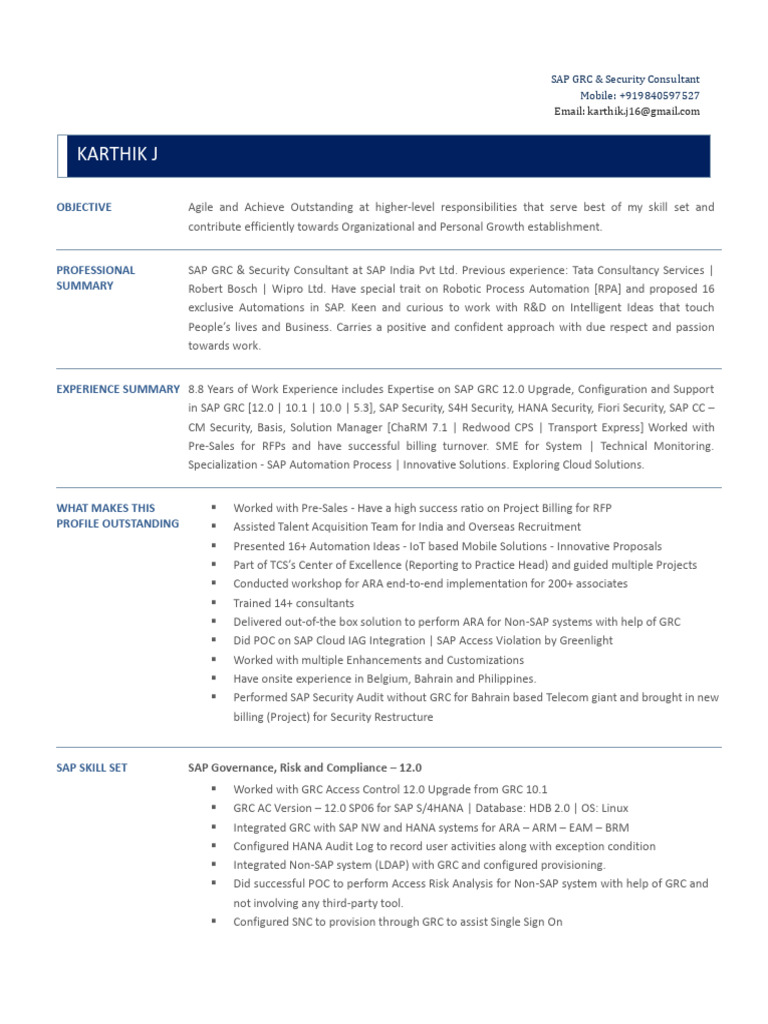 SAP GRC - Security Consultant - Karthik J | PDF | Access Control | Automation