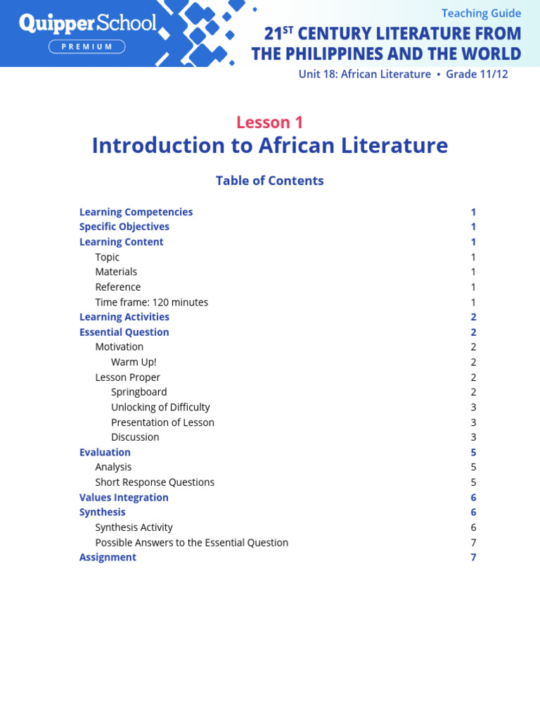 PDF (TG) - LT 11 - 12 - Unit 18 - Lesson 1 - Introduction To African Literature | PDF | Poetry ...