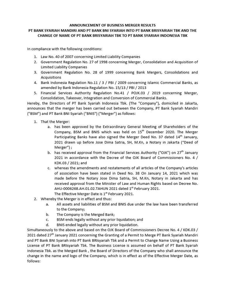 Bank Merger Announcement: BSM & BNIS | PDF | Corporations | Business