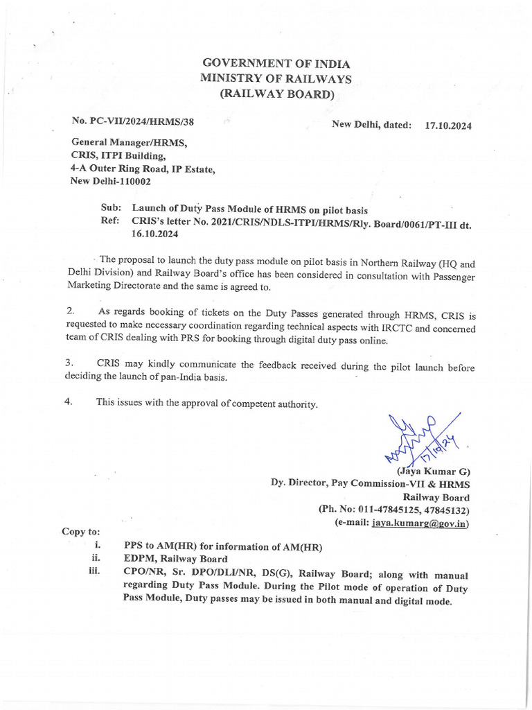 DUTY PASS PILOT MODE - LETTER TO CRIS DT 17-10-2024 | PDF