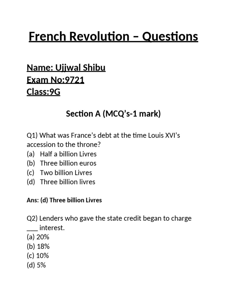French Revolution- Questions | PDF | Maximilien Robespierre | Reign Of ...