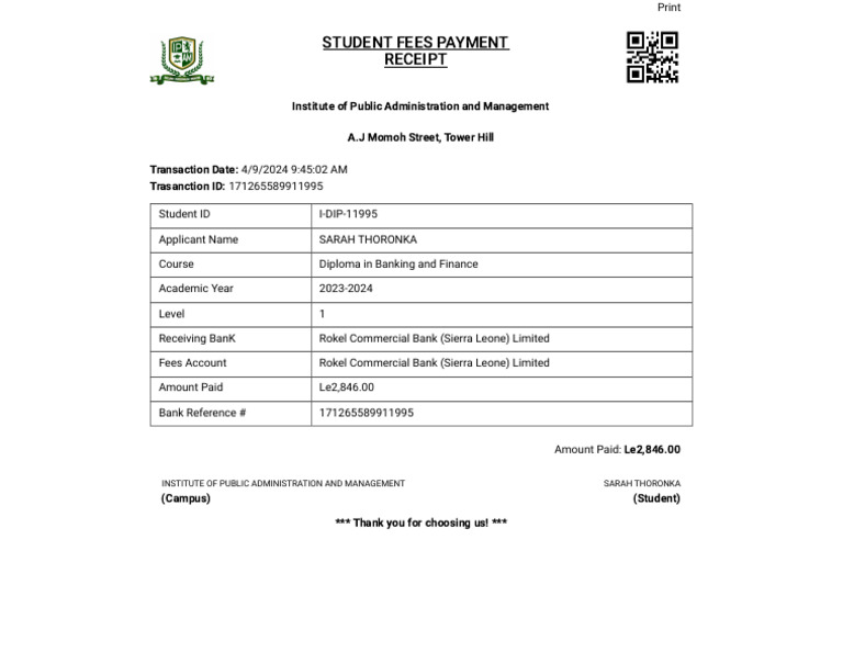 Student Fee Payment Receipt 2024 | PDF