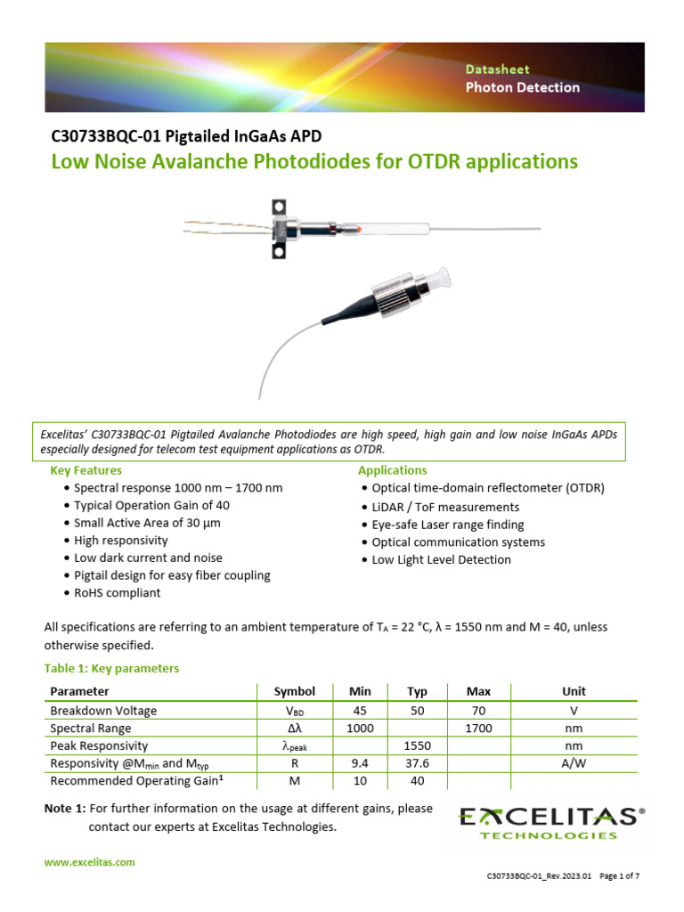 C30733BQC-01 InGaAs APD Series Datasheet | PDF | Signal To Noise Ratio | Optical Fiber