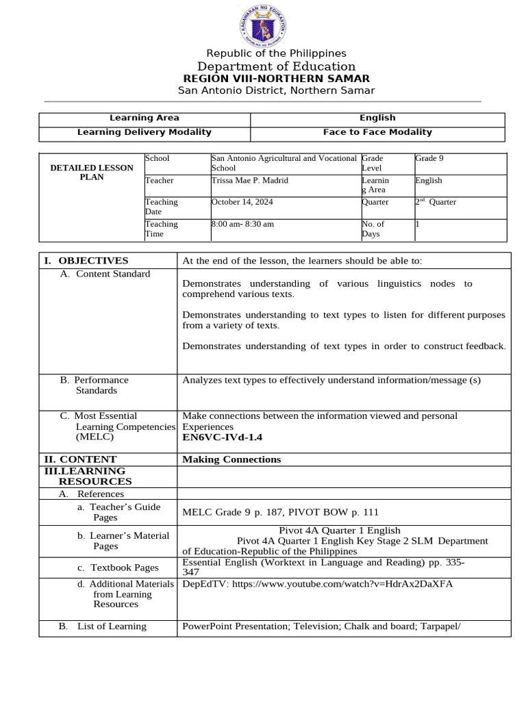 Co1 Le English 6 Week 8 This Is A Sample Lesson Exemplar For Quarter 1 ...