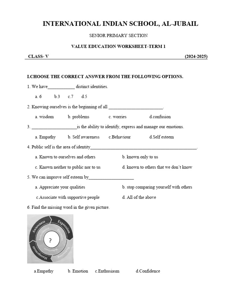 Value Education Worksheet Term 1 | PDF | Empathy | Emotions