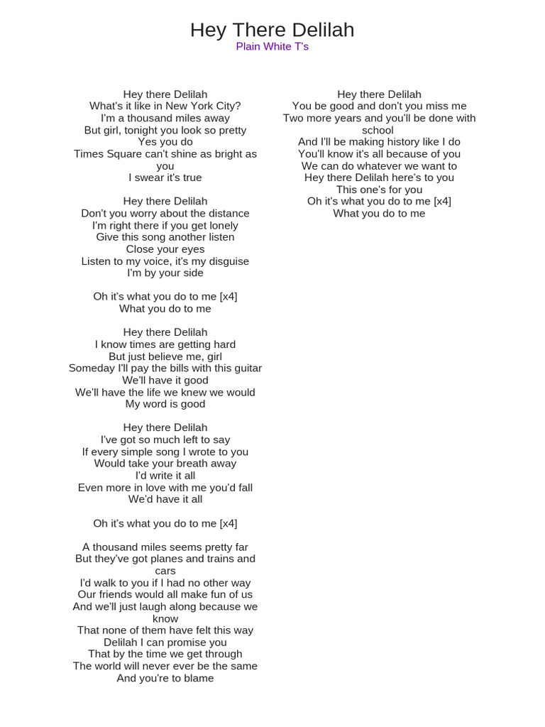 Hey There Delilah - Plain White T's - Paroles | PDF