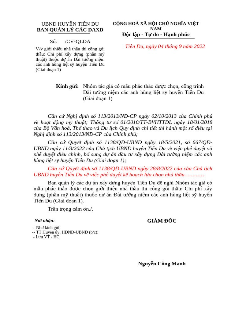 Công văn giới thiệu nhà thầu Ban QLDA | PDF