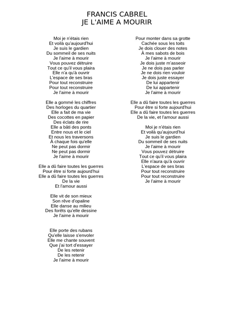 FRANCIS CABREL JE L'AIME A MOURIR Paroles | PDF