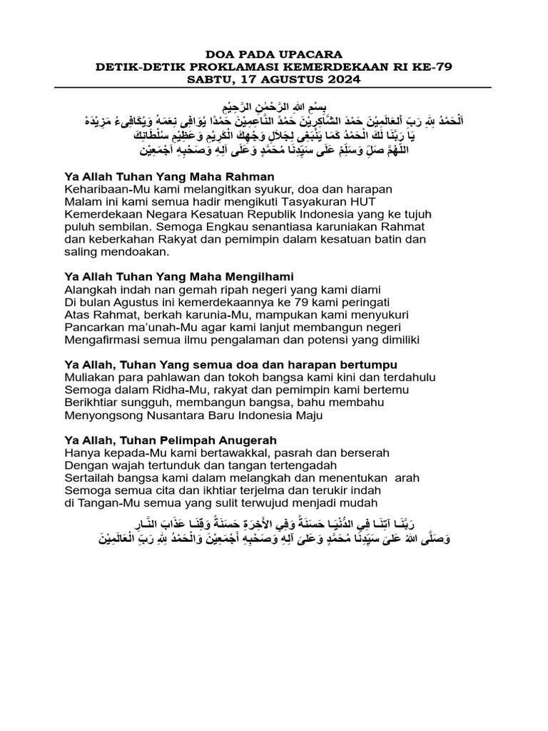 Doa Upacara 17 Agustus 2024 Satkerpdf | PDF