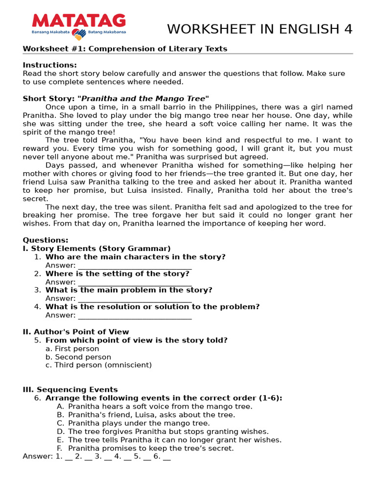 Grade 4 English Comprehension Worksheets | PDF | Shape | Nonverbal ...