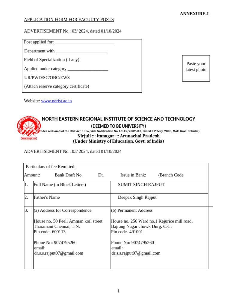 Application Format Annexure I & II | PDF | Doctor Of Philosophy | Thesis