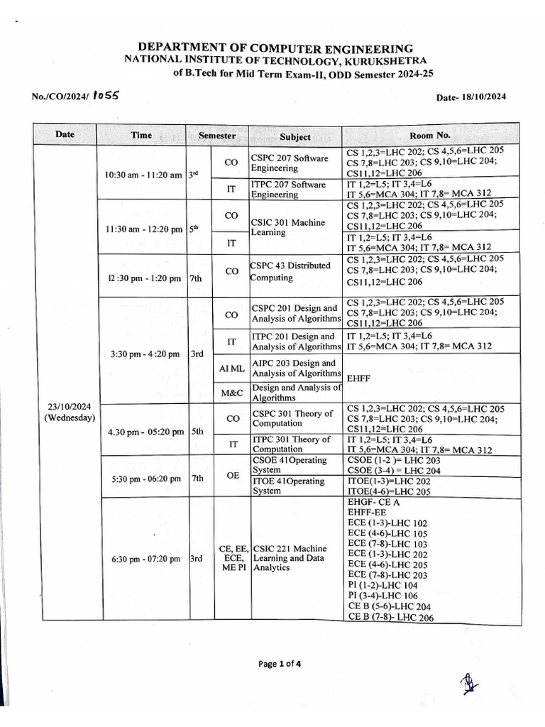 Schedule For B.tech M.tech For Mid Term II ODD Sem 2024-25-1 | PDF