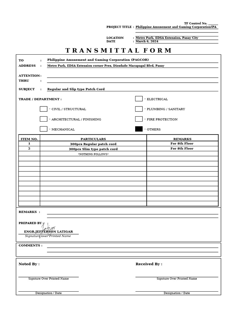 EOC FR 001 Transmittal Form | PDF | Philippines