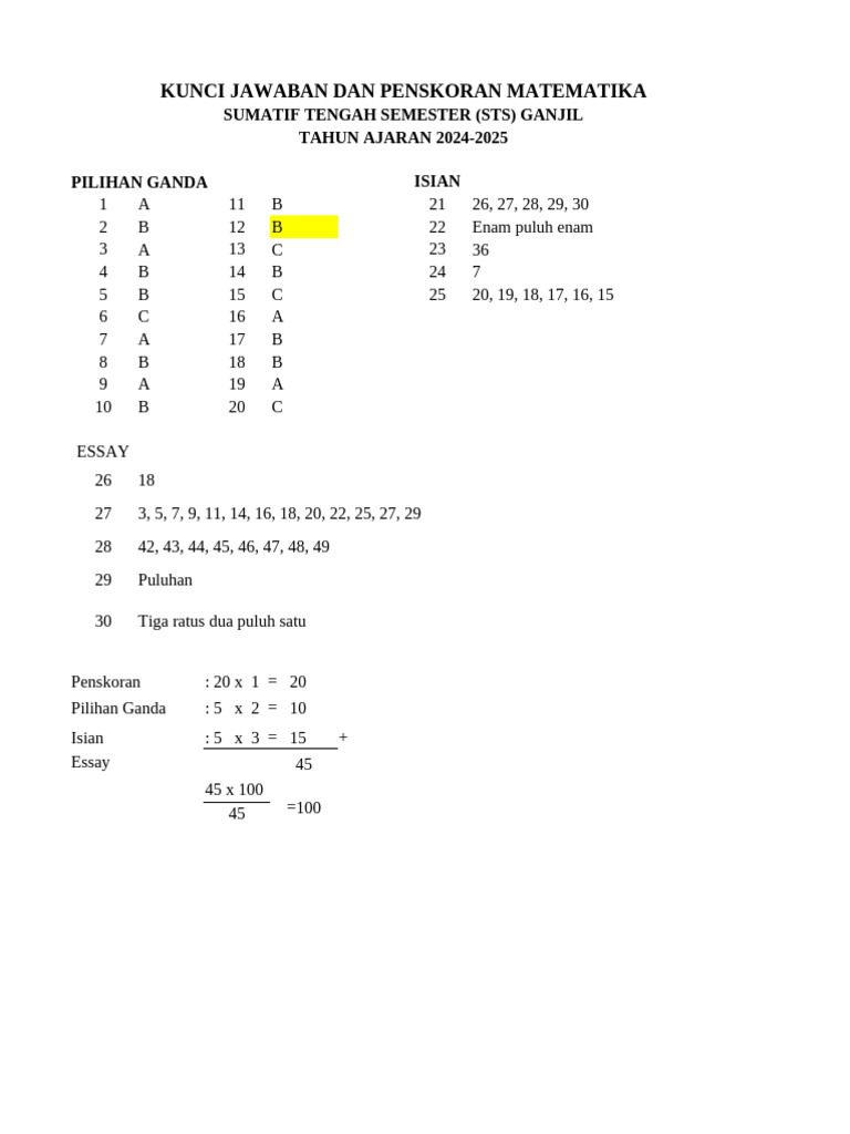 KUNCI JAWABAN DAN PEDOMAN PENSEKORAN MATEMATIKA | PDF