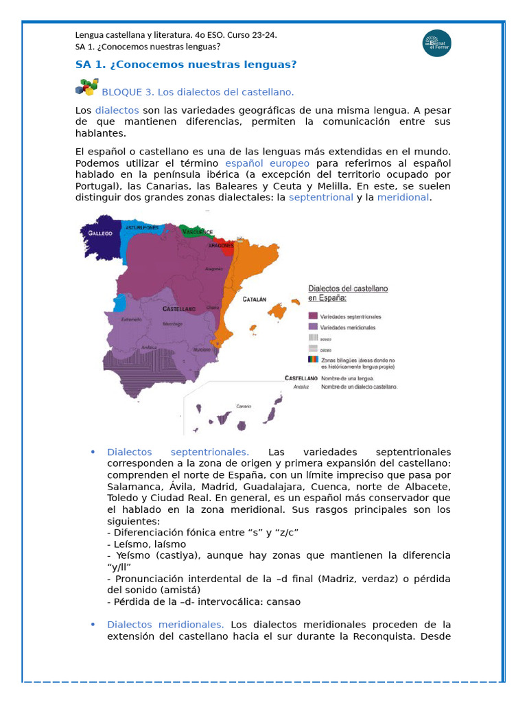 SA1. Bl. 3. Los Dialectos Del Castellano | PDF | Lengua española | Dialecto