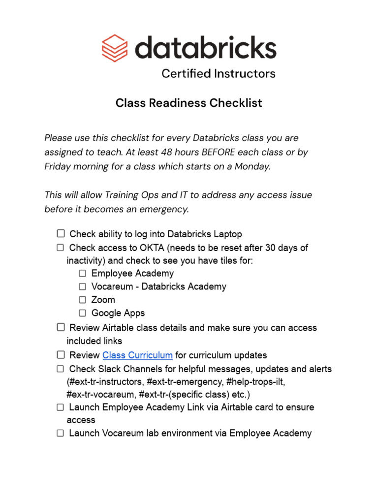 Databricks Class Readiness Checklist | PDF | Career & Growth