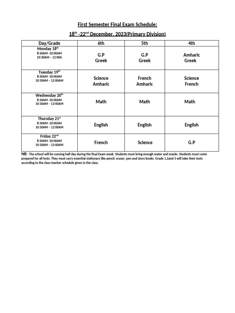 First Semester Final Exam Schedule: 18 - 22 December, 2023 (Primary ...