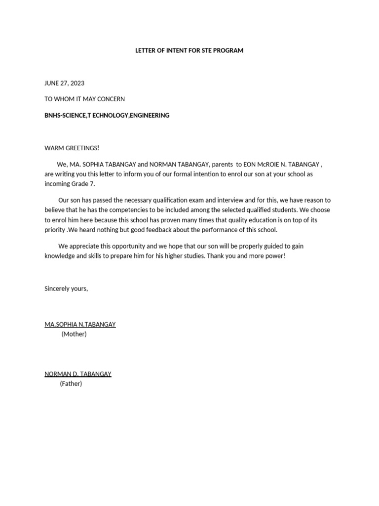 Letter of Intent For Ste Program | PDF | Career & Growth | Sports ...