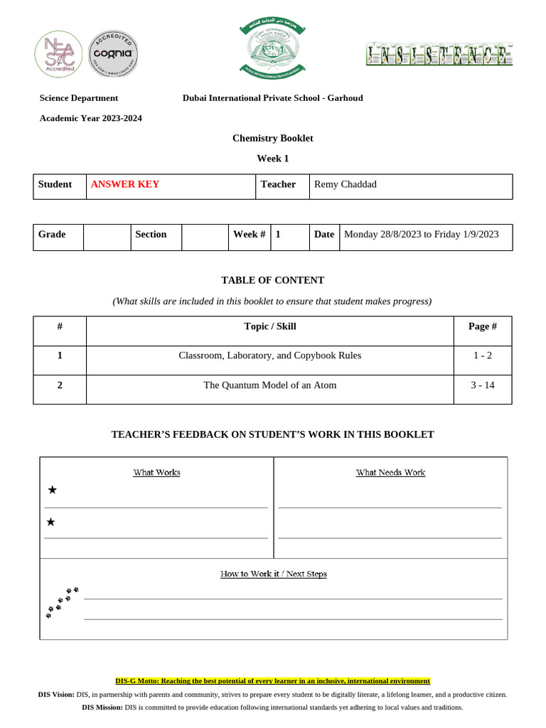 Chemistry Week 1 Answer Key | PDF | Atomic Orbital | Atomic Nucleus