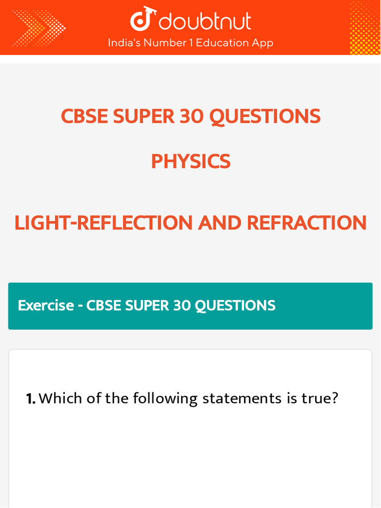 Cbse Super 30 Questions Class 10 Physics Light Reflection and Refraction Doubtnut 2023 | PDF ...
