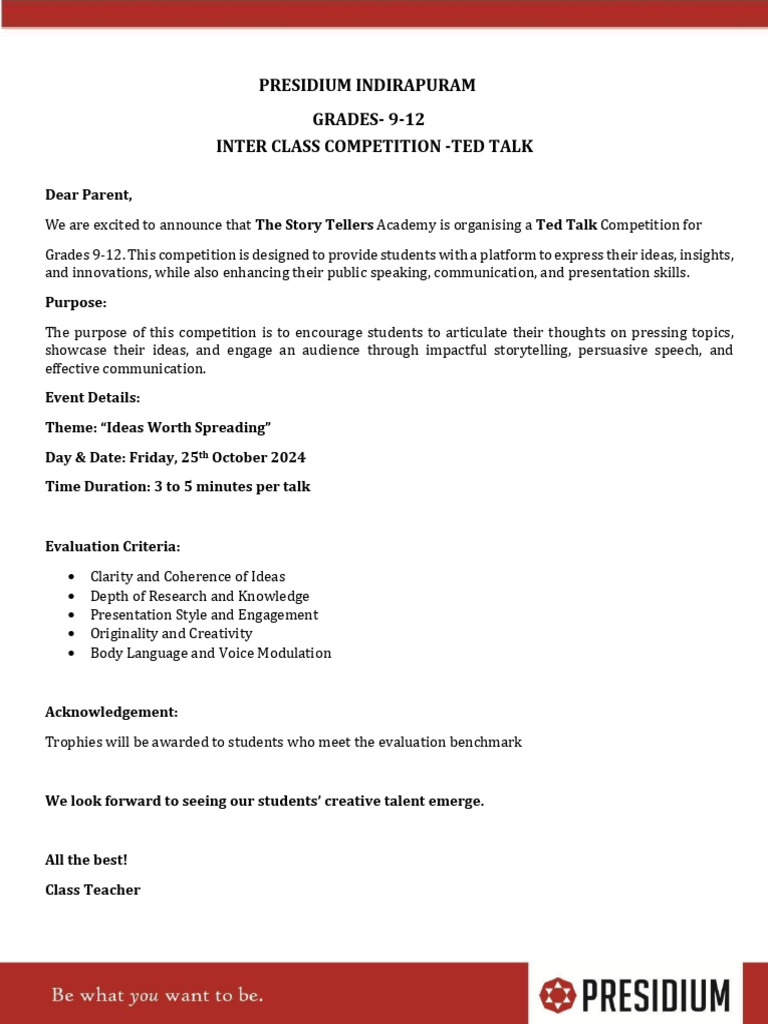 Inter Class Competition - Ted Talk - Grades 9-12 | PDF