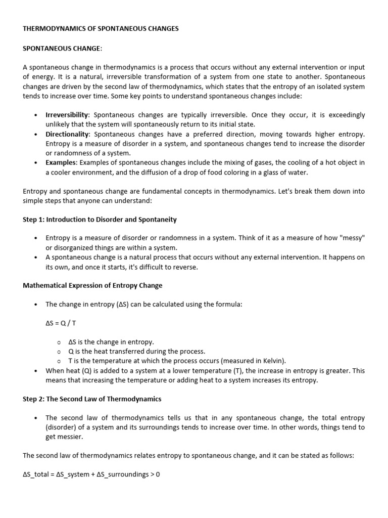 Thermodynamics of Spontaneous Changes | PDF | Gibbs Free Energy | Entropy