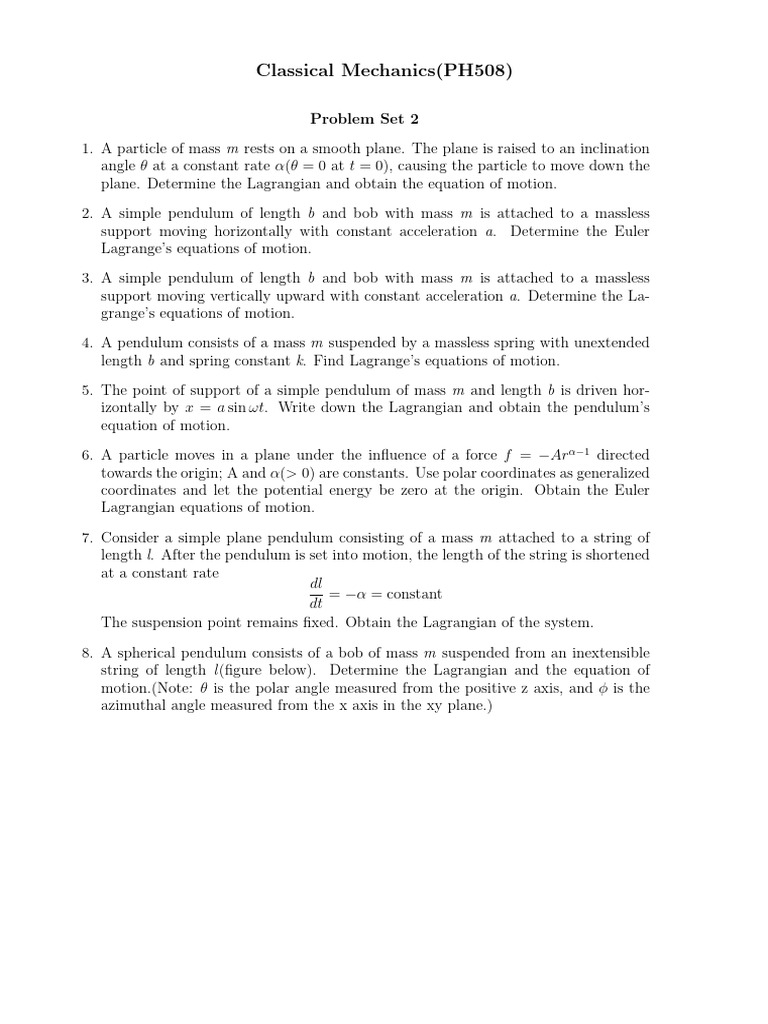 Problem Set 2 | PDF | Lagrangian Mechanics | Equations Of Motion