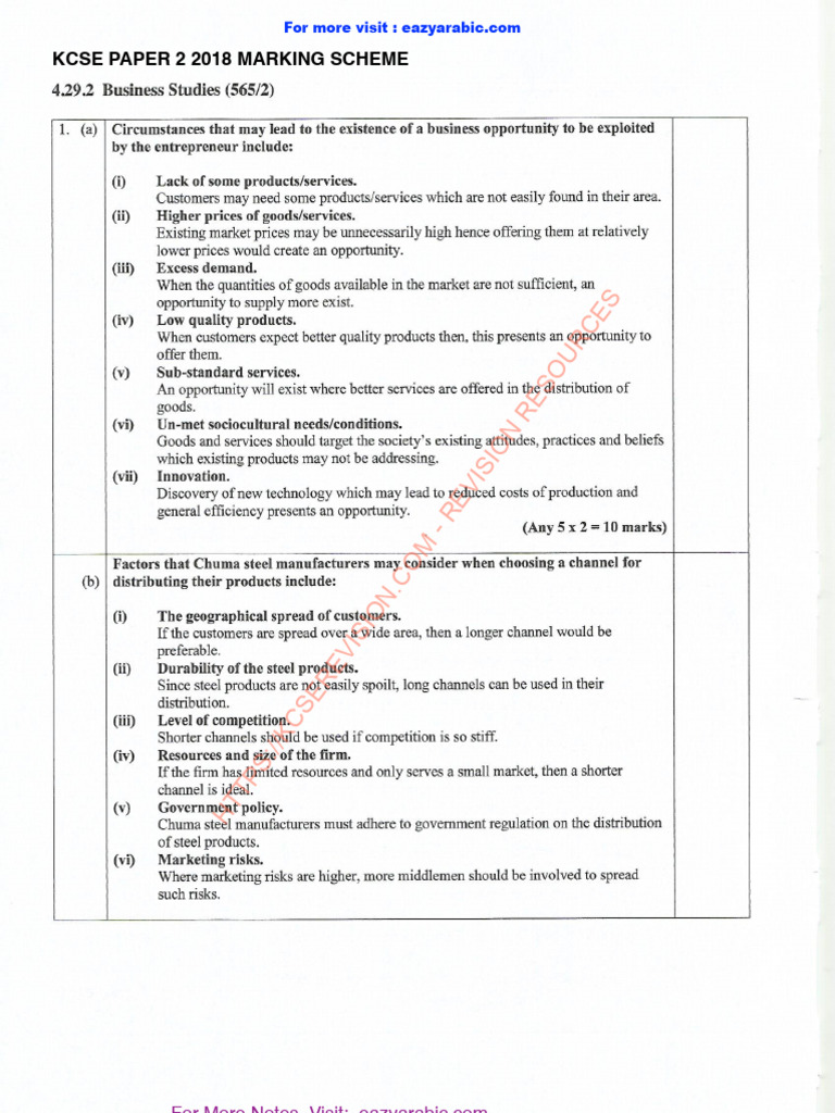2018 Kcse Knec Business Studies Pp2 Marking Scheme - Textmark | PDF