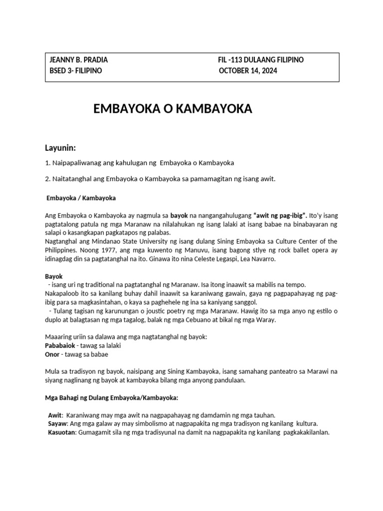 Embayoka o Kambayoka Jeanny Pradia | PDF