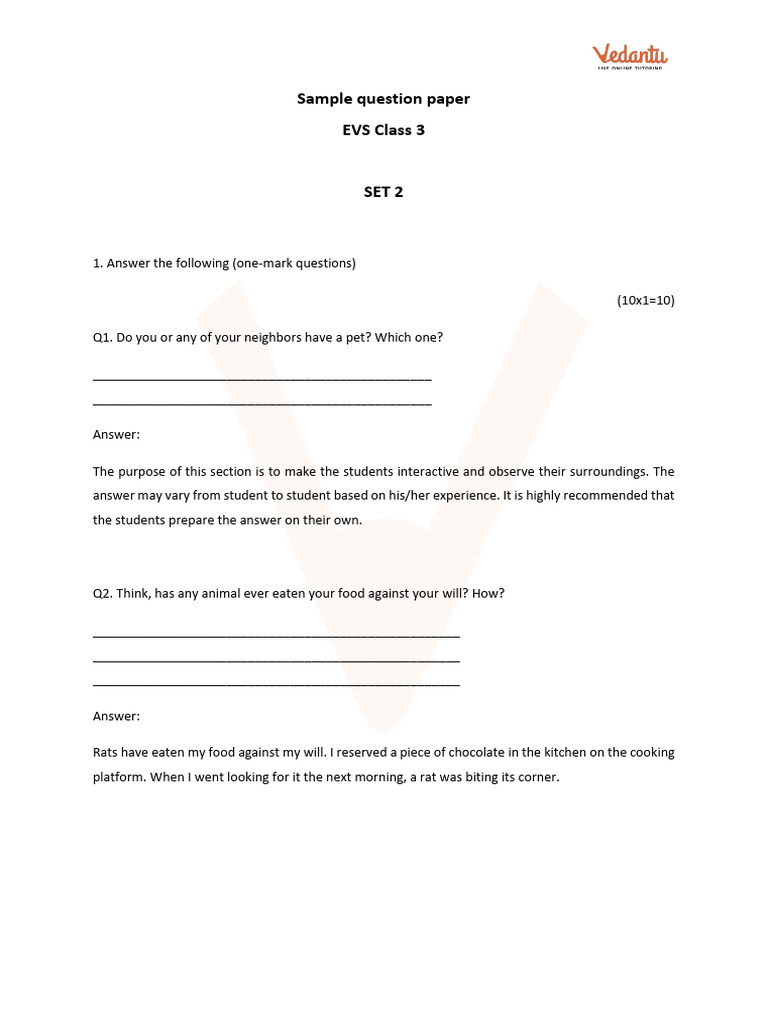 CBSE Sample Papers for Class 3 EVS with Solutions - Mock Paper 2 | PDF