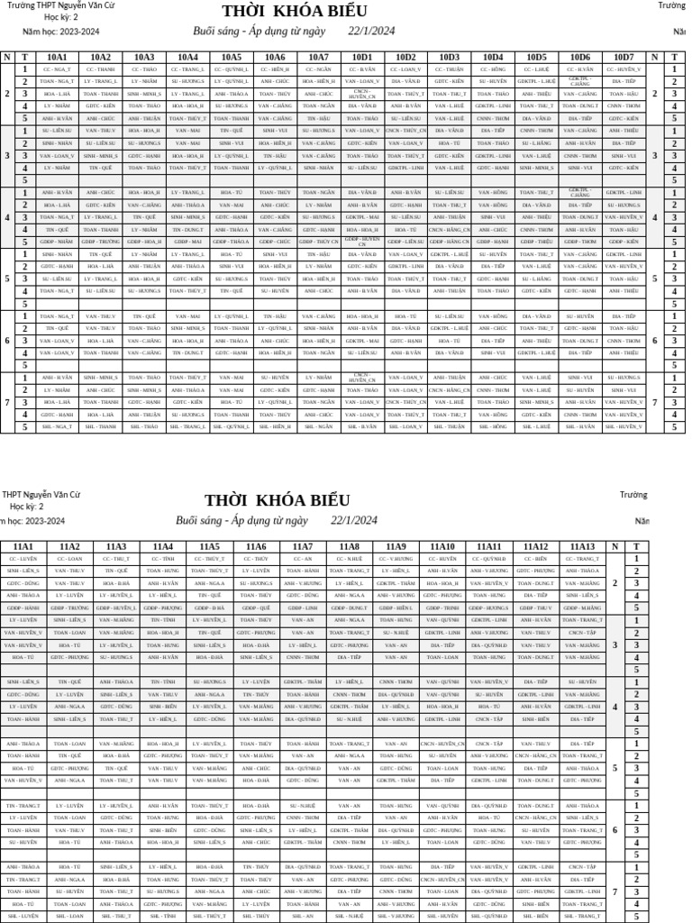 TKB Kỳ 2 Năm 23 24 Ad 22 1 GV | PDF