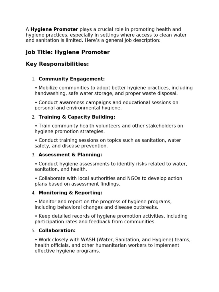 Hygiene Promoter Job Description | PDF | Career & Growth