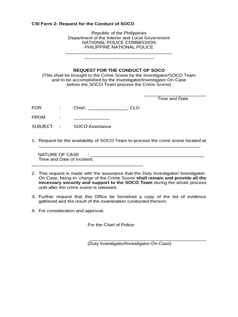CSI Form 2 Request For The Conduct of SOCO | PDF | Finance & Money ...