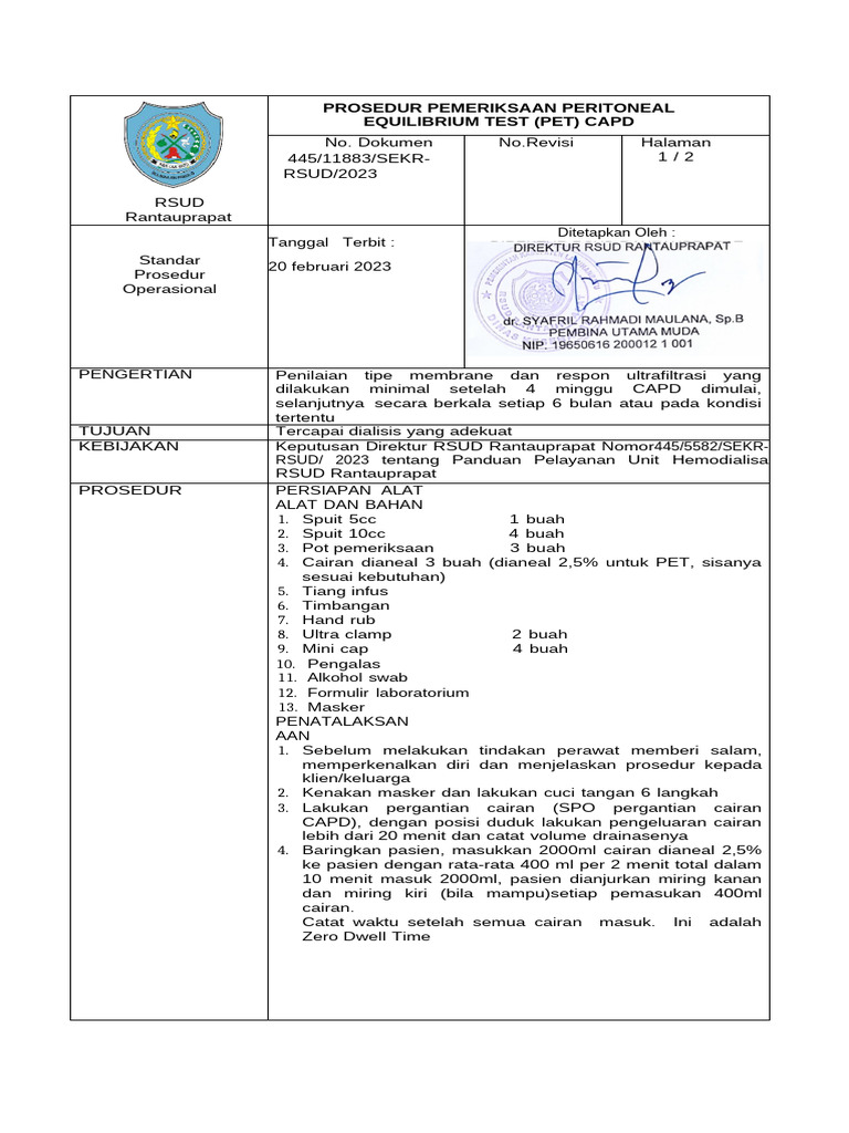 Pemeriksaan Peritoneal Equilibrium Test (Pet) Capd | PDF | Griya ...