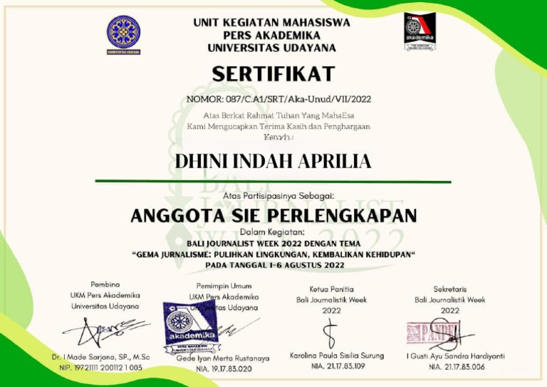 Sertifikat UKM - Dhini Indah Aprilia | PDF
